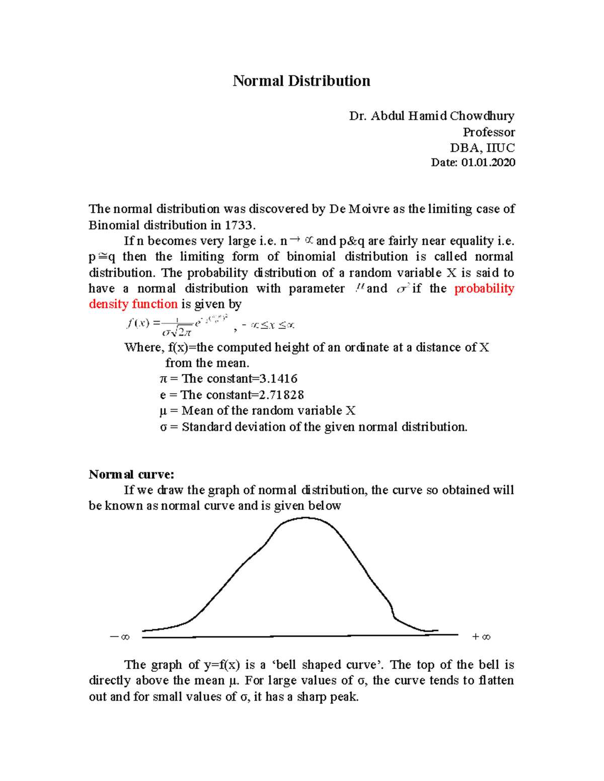 Normal Destitution - Normal Distribution Dr. Abdul Hamid Chowdhury ...