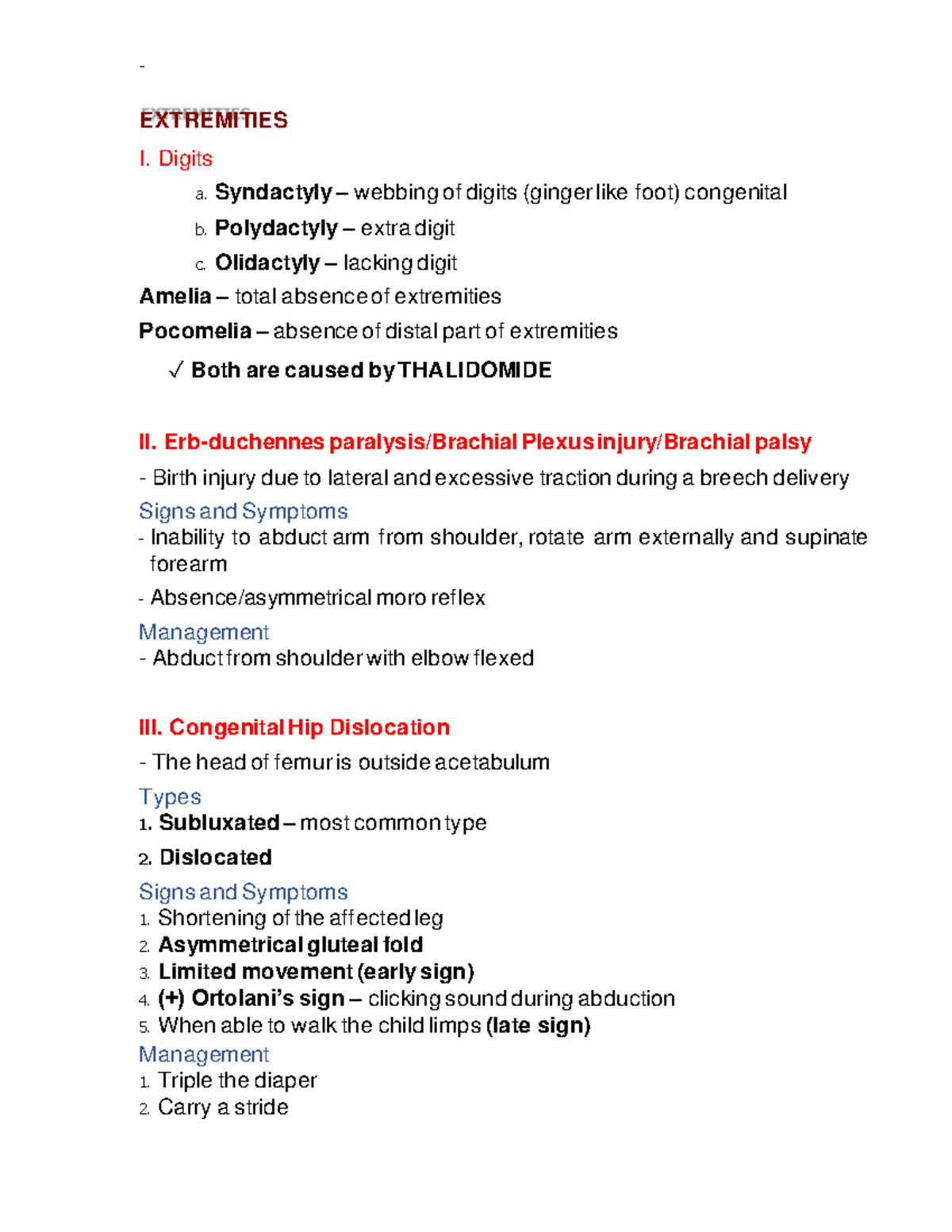 Extremities - summary - EXTREMITIES I. Digits a. Syndactyly – webbing ...