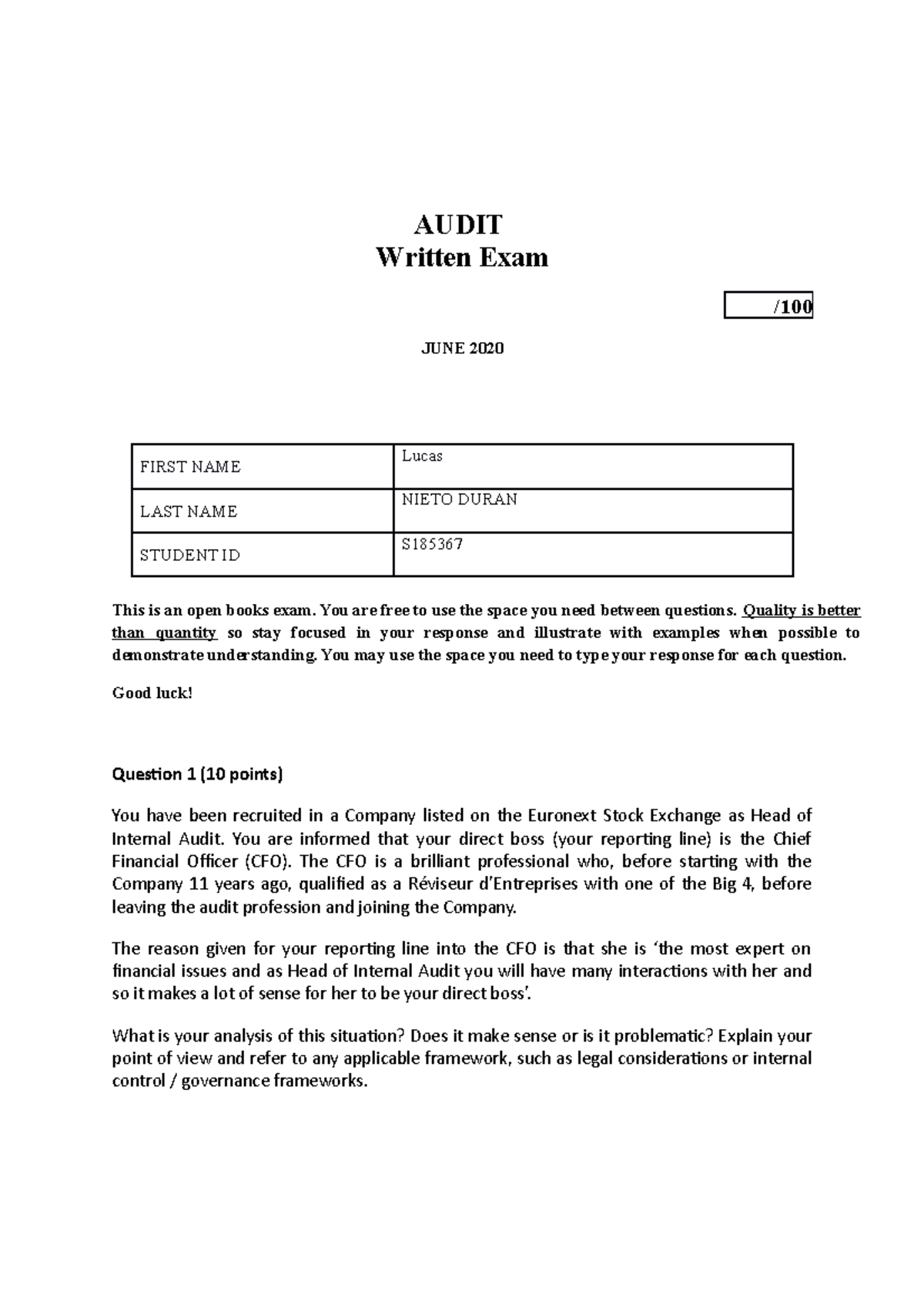 Exam2020openbooks - Open book exam 2020 - AUDIT Written Exam / JUNE ...