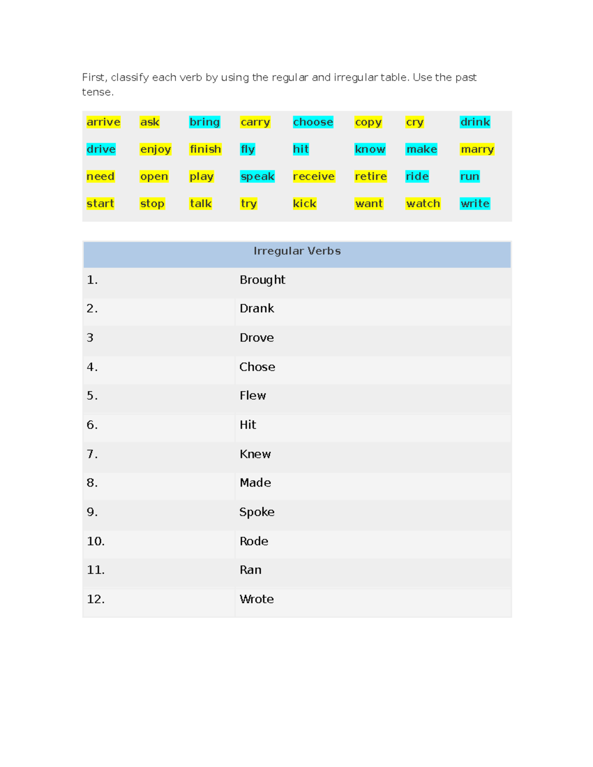 First - tarea - Ingles basico - First, classify each verb by using the ...