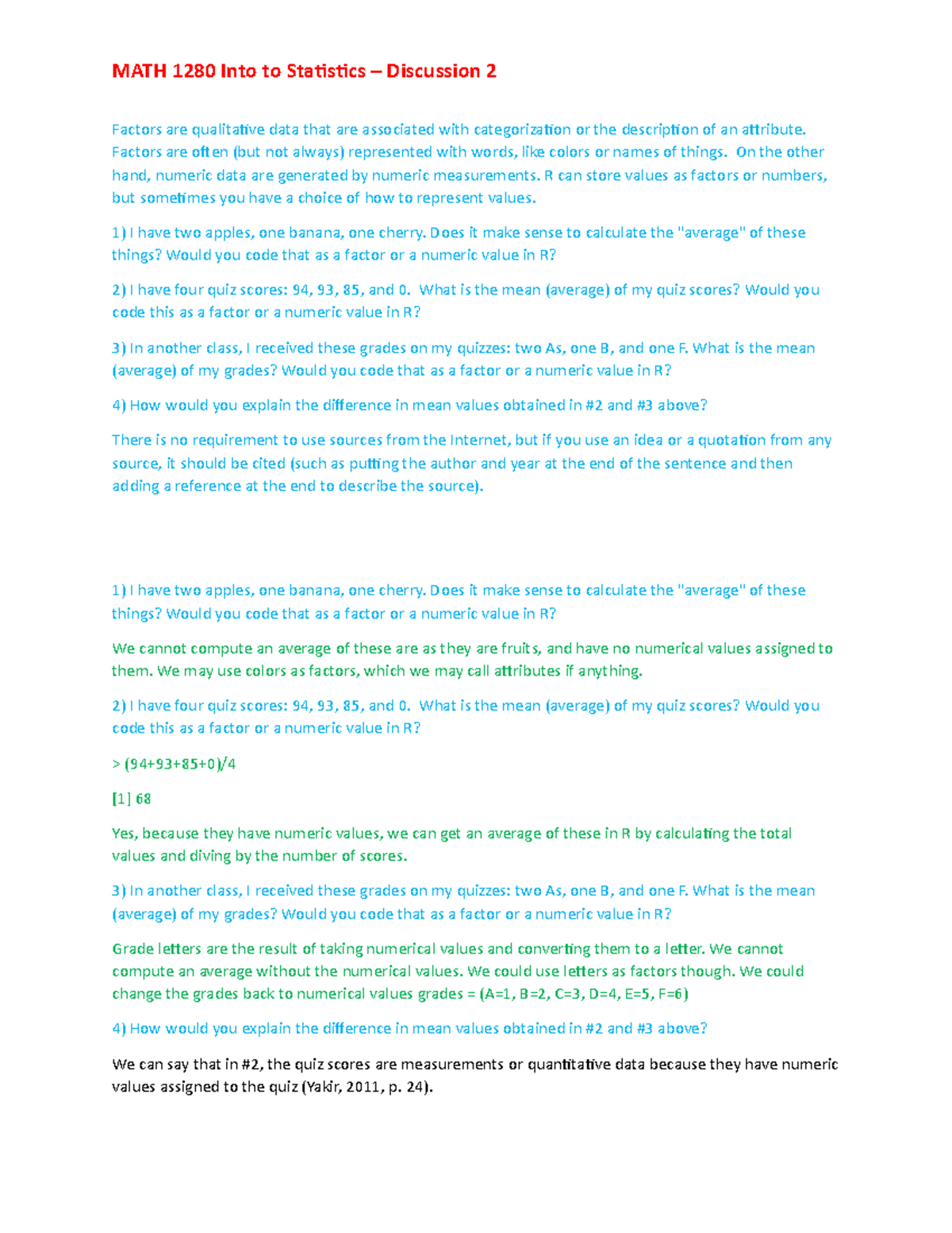 MATH 1280 - Discussion 2 - MATH 1280 Into to Statistics – Discussion 2 ...