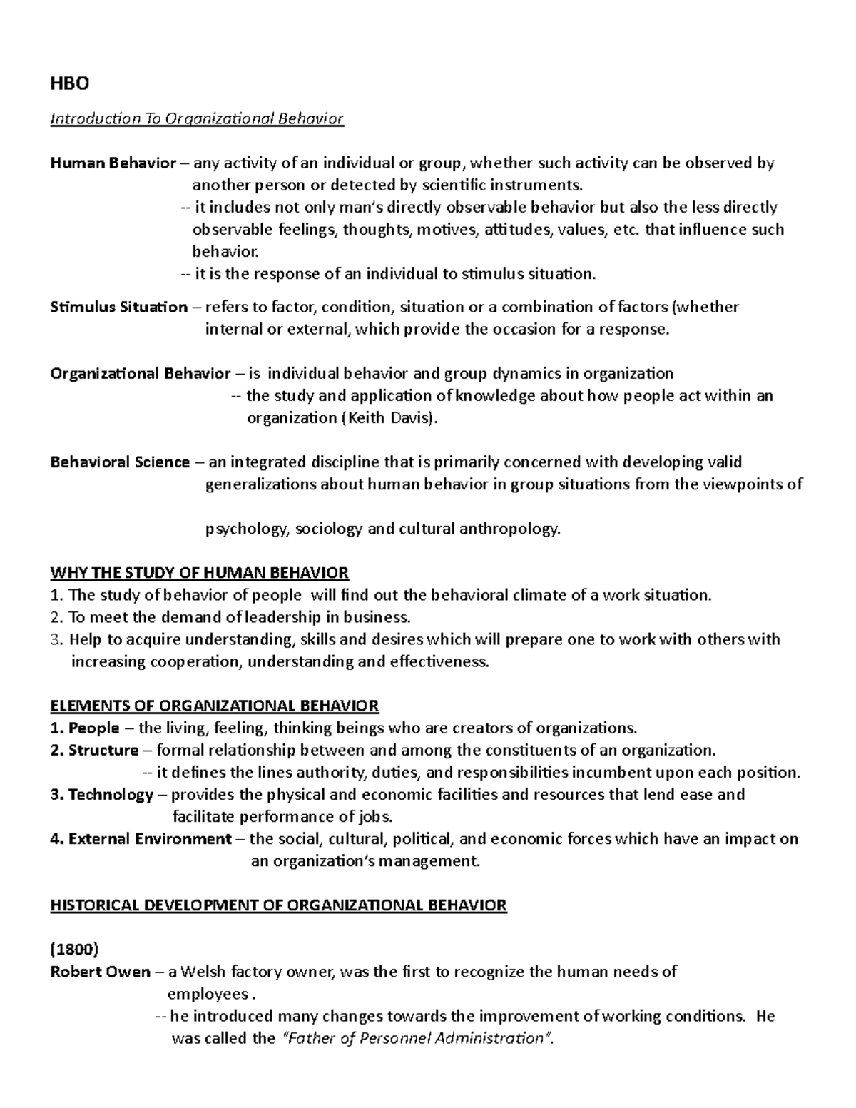 Rev - HBO Introduction To Organizational Behavior Human Behavior – any ...