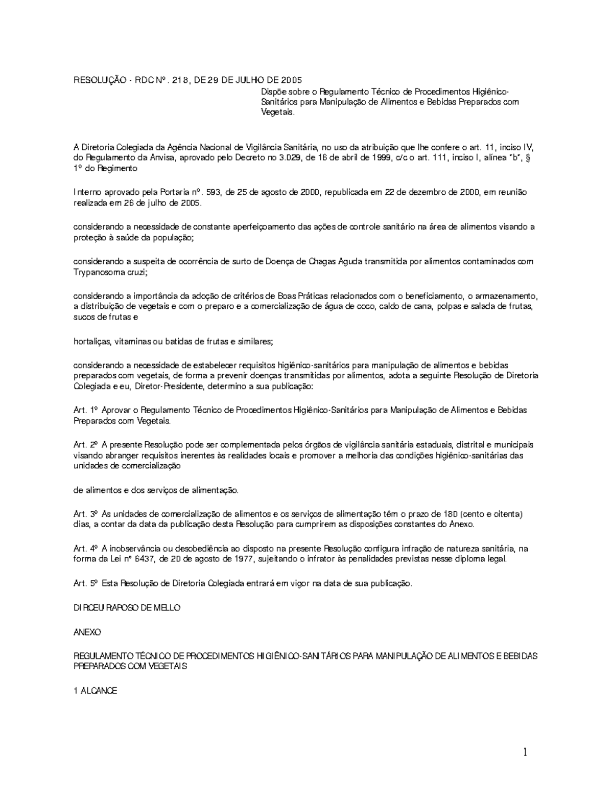 RDC 218-2005 Manipulação de Alimentos com Vegetais - RESOLUÇÃO - RDC Nº ...