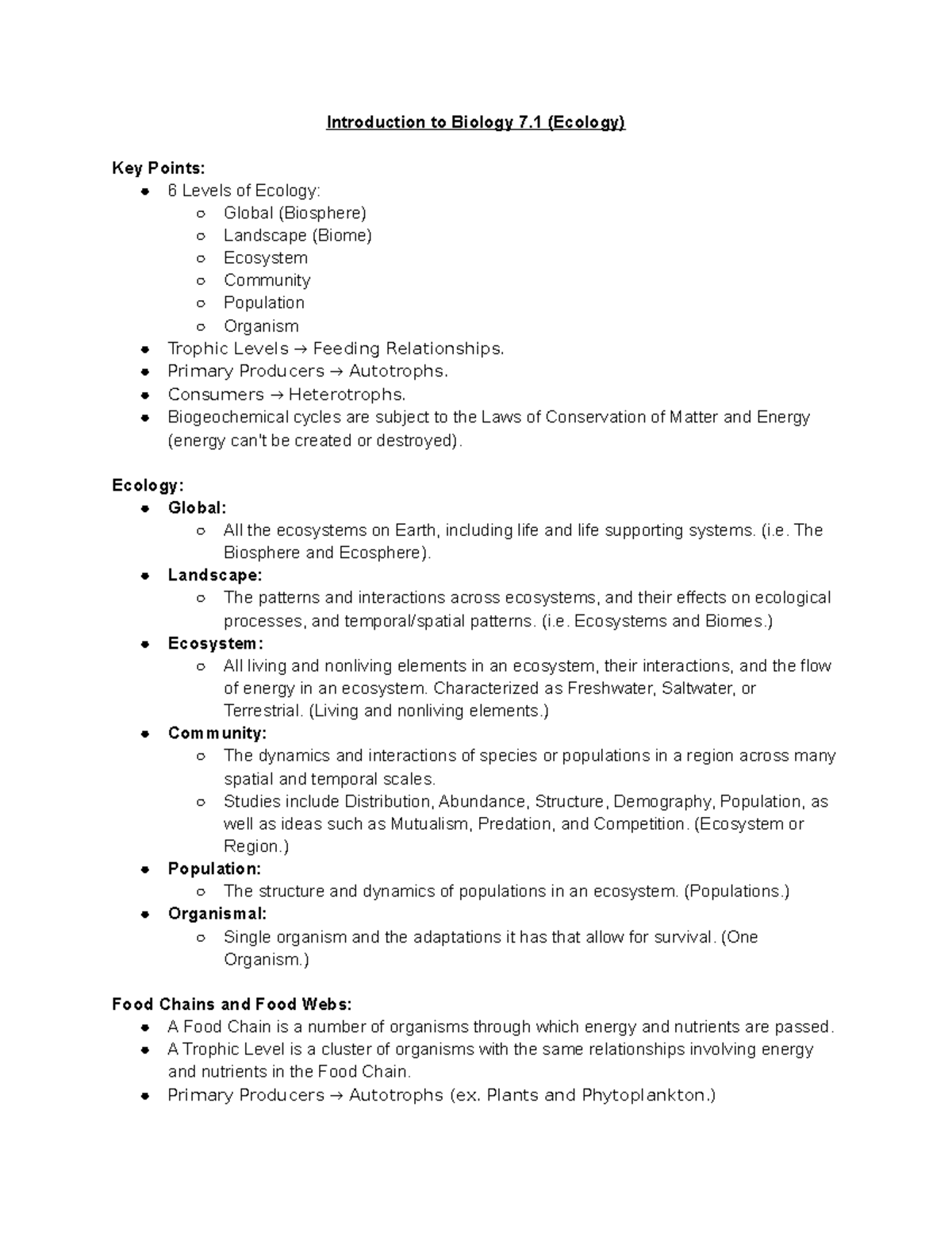 Intro to Bio 7.1 - Introduction to Biology 7 (Ecology) Key Points: 6 ...