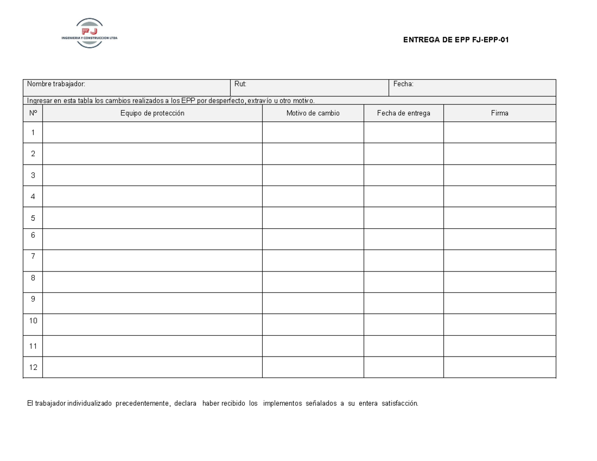 FJ-EPP-01-Entrega de EPP a trabajadores - sistemas de gestión en sso - ENTREGA DE EPP FJ-EPP ...