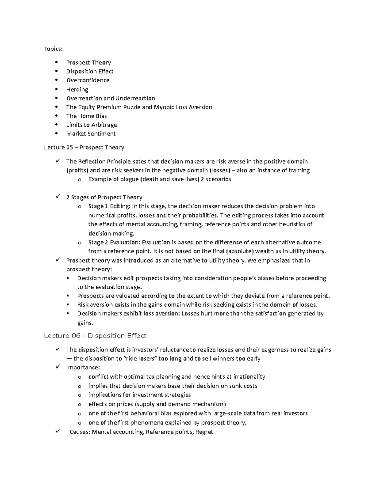 Notes - Final (Behavioral Finance) - Topics: Prospect Theory ...