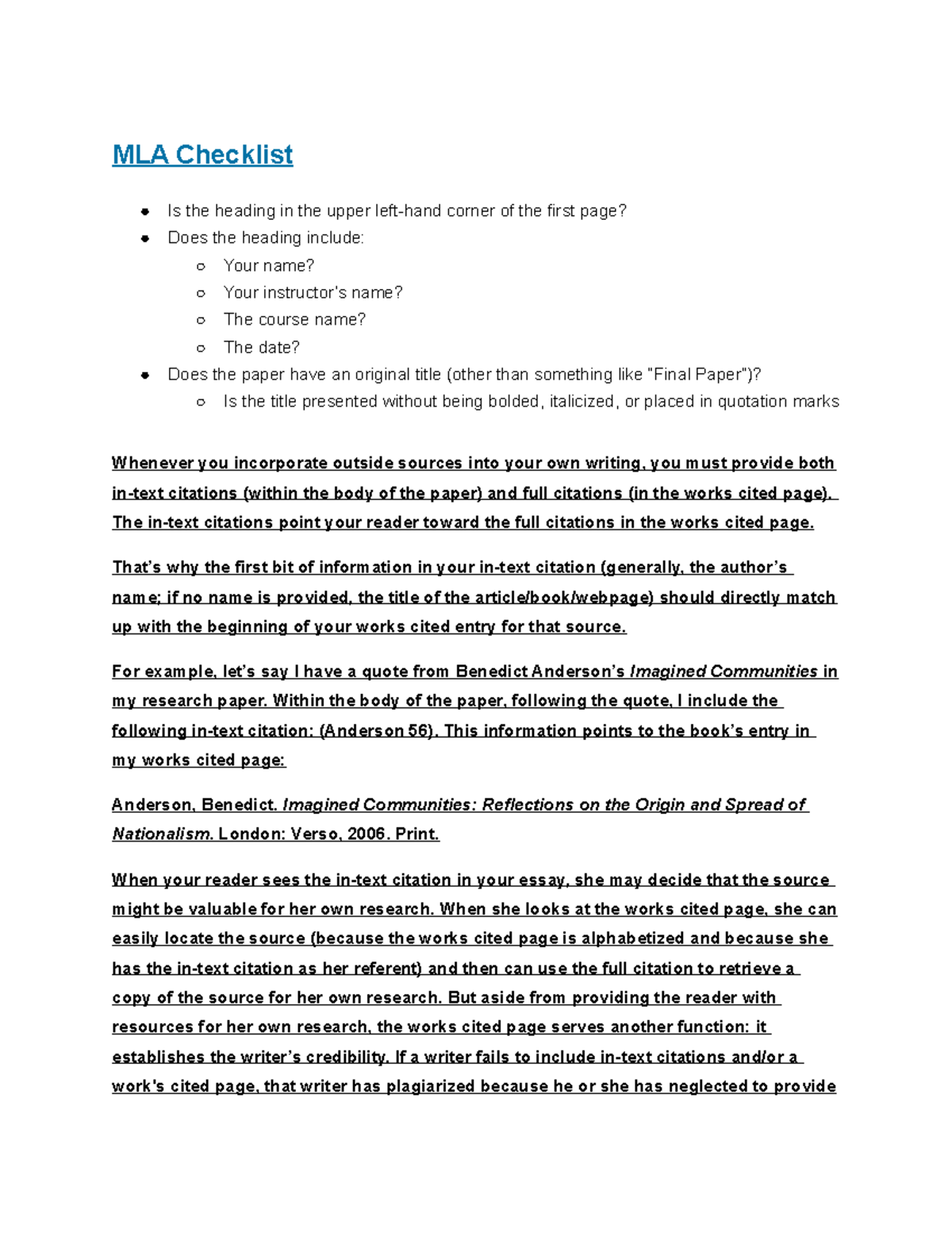 MLA checklist - MLA Checklist Is the heading in the upper left-hand ...