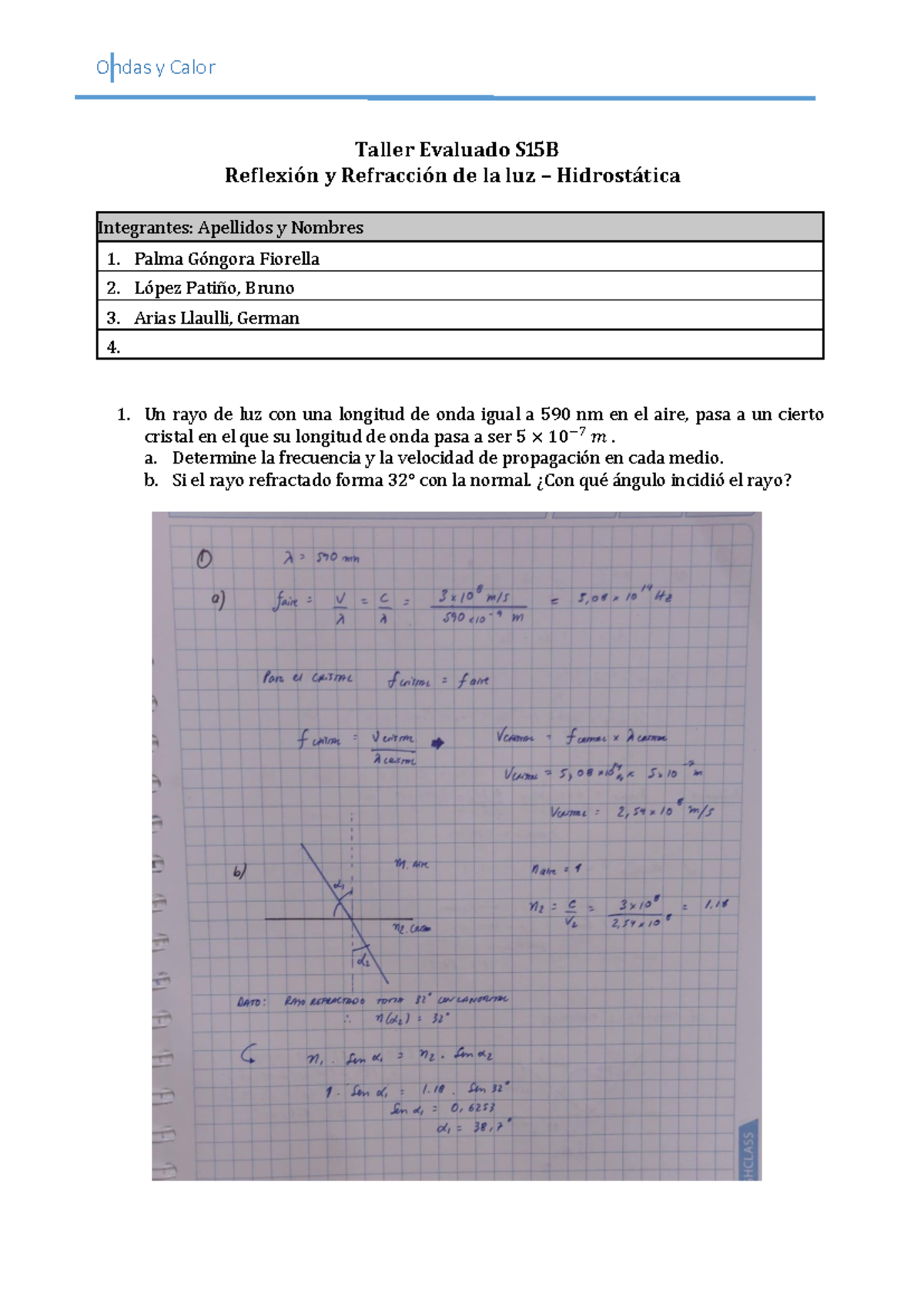 Taller Evaluado S15B OC 2022-2 - Ondas y Calor Taller Evaluado S15B Reflexión y Refracción de la ...
