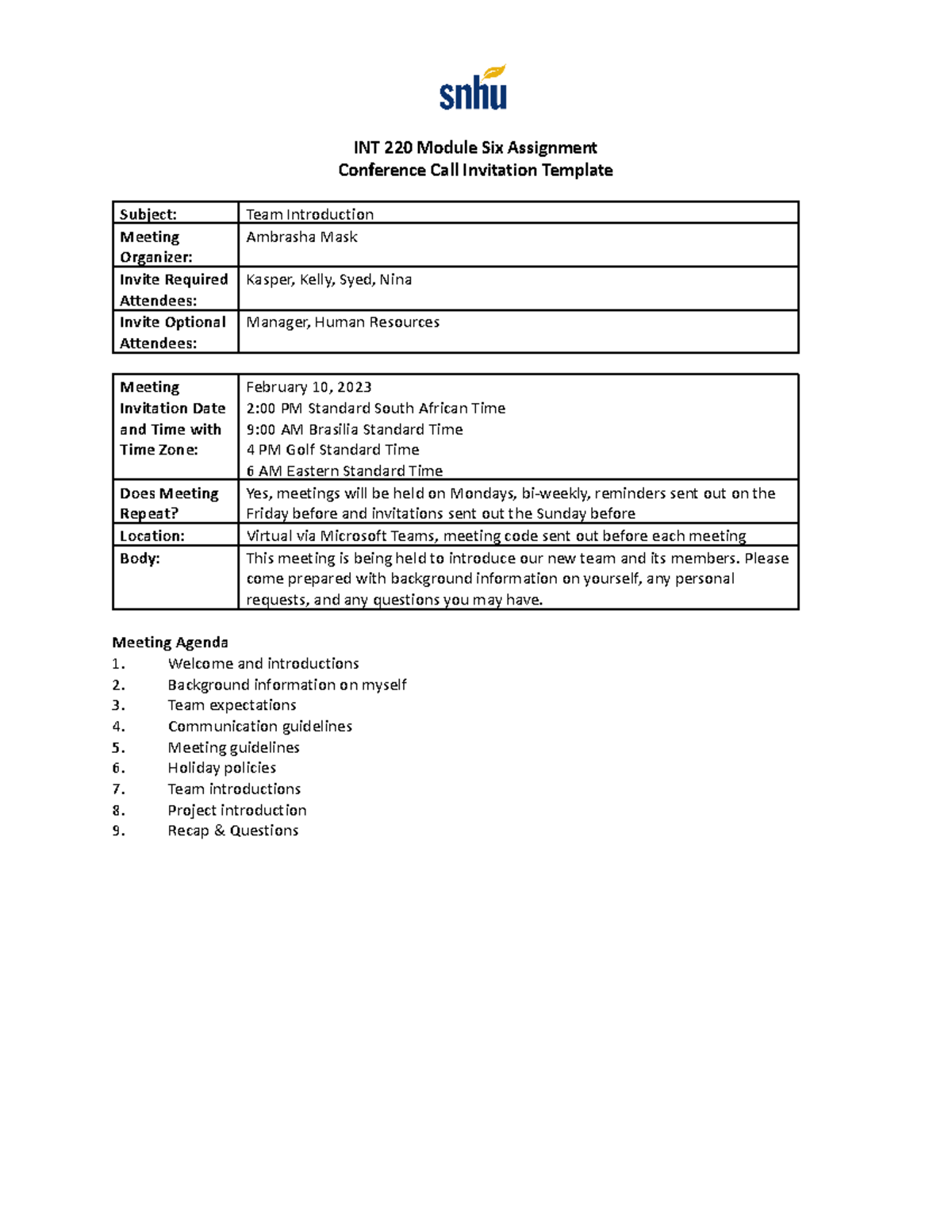 INT 220 Conference Call Invitation - INT 220 Module Six Assignment ...