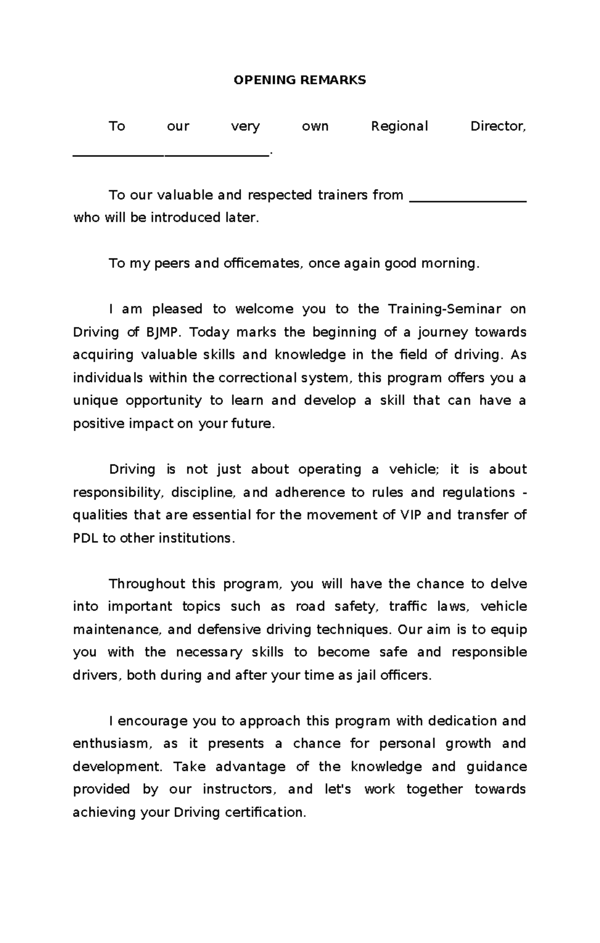 Sample Opening Remarks for Training-Seminar in Driving - OPENING ...