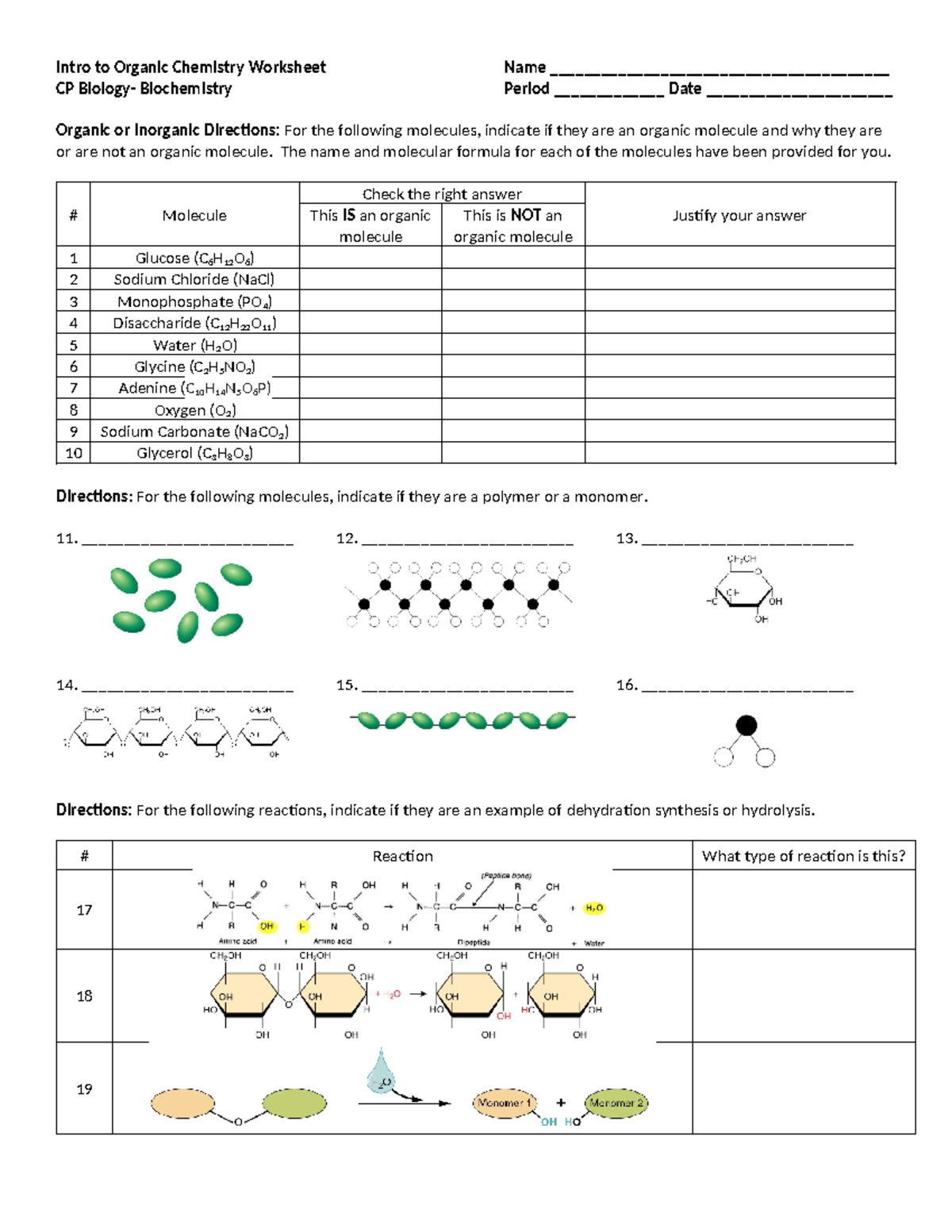 Intro to Organic Chemistry Worksheet 1 - The name and molecular formula ...