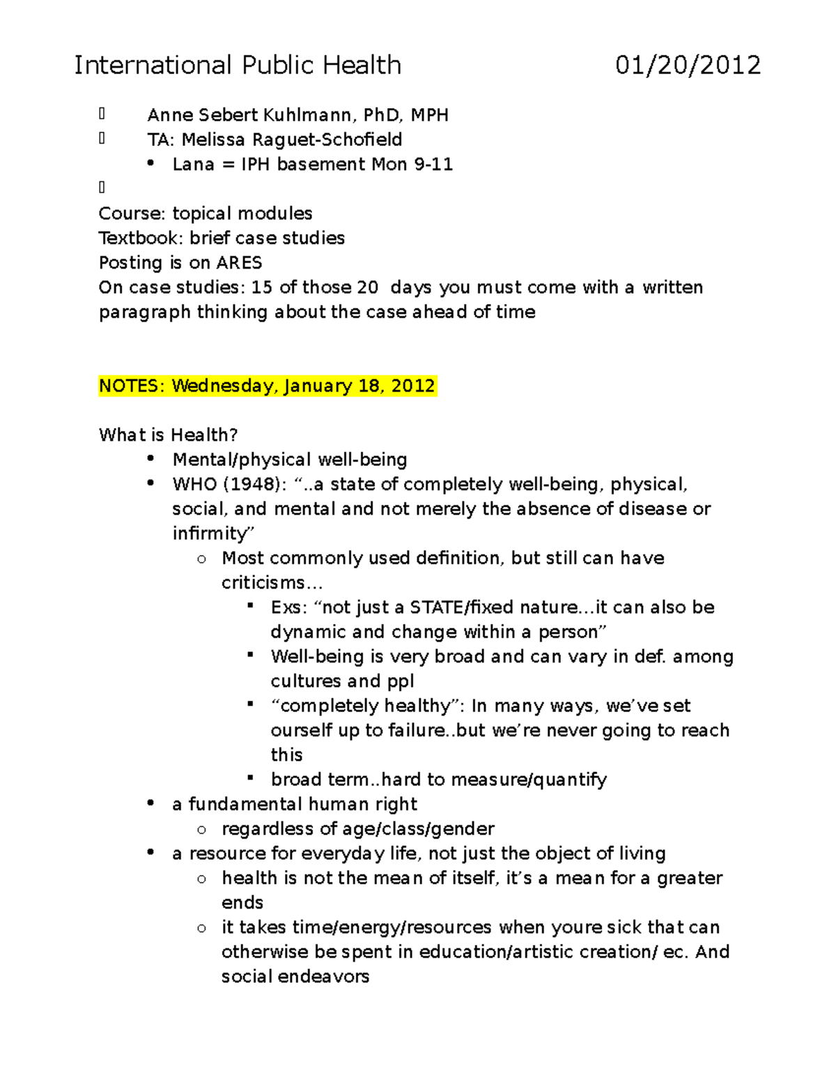 IPH Notes Through Midterm #1 - International Public Health 01/20/2012 ...