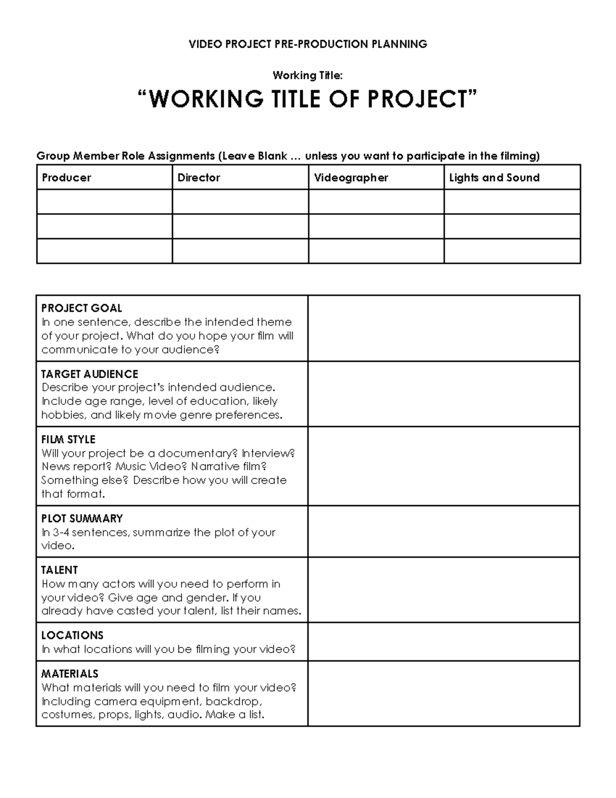 SCEM-GP Video Pre-Planning Sheet Template - VIDEO PROJECT PRE ...
