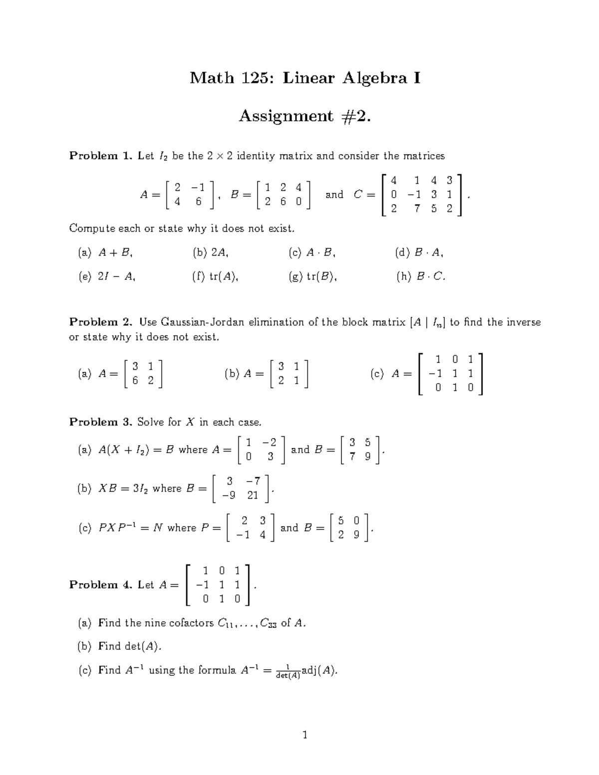 Math125-A2 - assignment questions - Math 125: Linear Algebra I ...