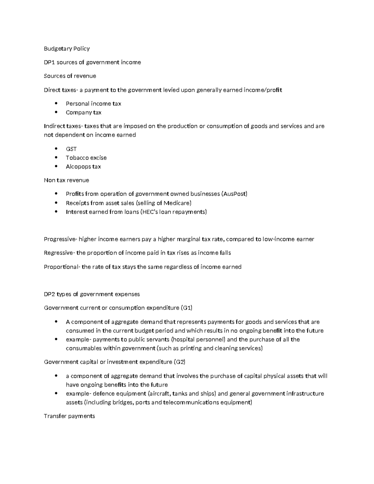 U4 AOS2 summary sheet - Budgetary Policy DP1 sources of government ...