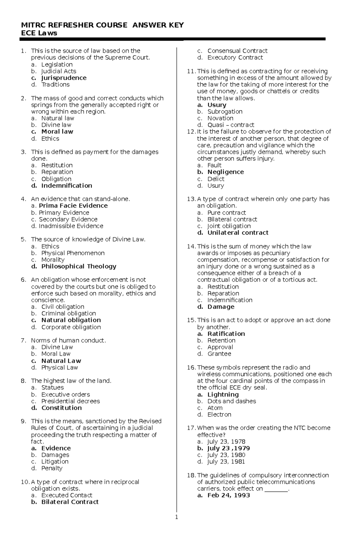 Comms 11 ECE Laws Answers MITRC REFRESHER COURSE ANSWER KEY ECE