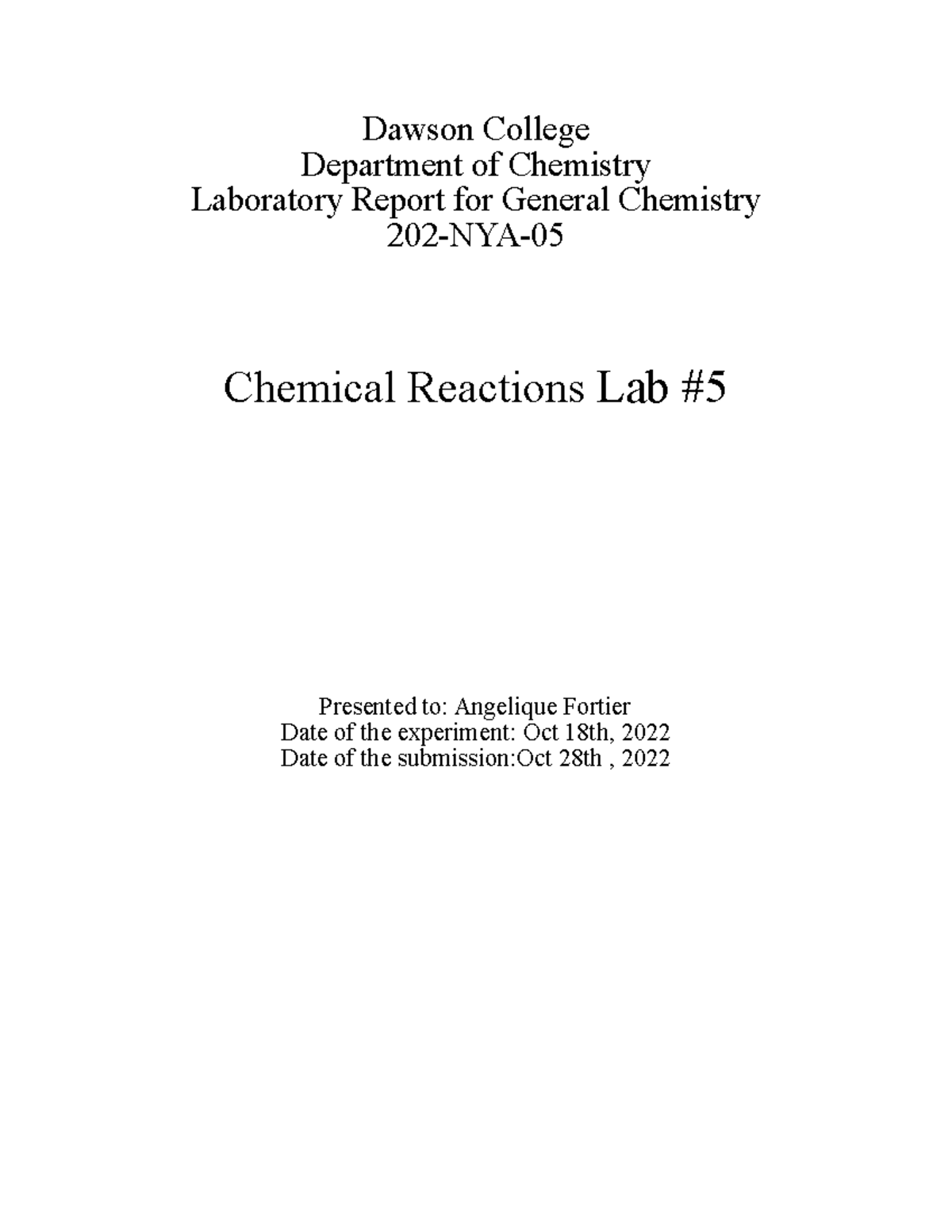 Chemical reactions lab #5 - Dawson College Department of Chemistry ...