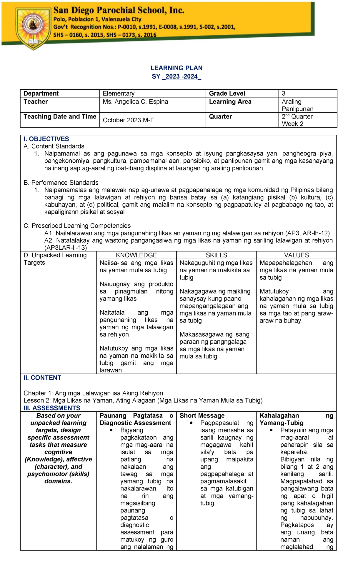 DLP AP 3 Second Grading ( Lesson 2) - LEARNING PLAN SY 2023 -2024 Department Elementary Grade ...