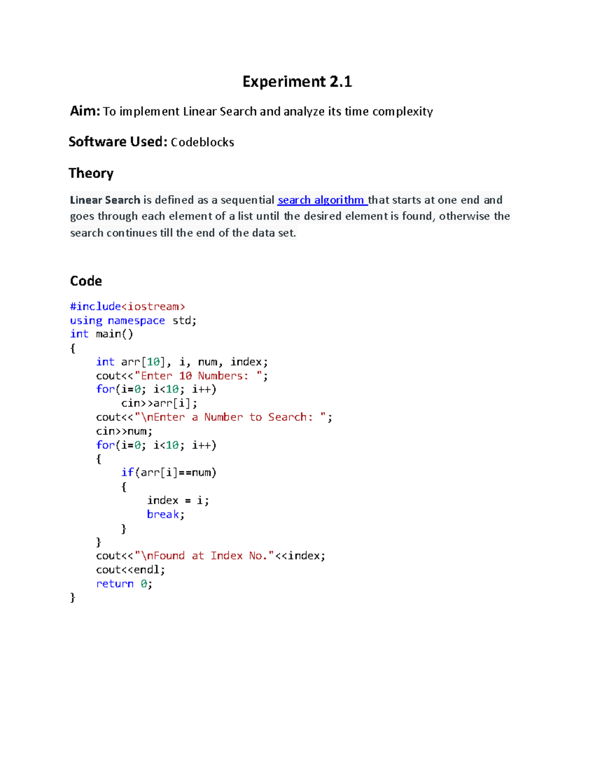DAA 2 (1) - Practical - Experiment 2. Aim: To implement Linear Search and analyze its time - Studocu