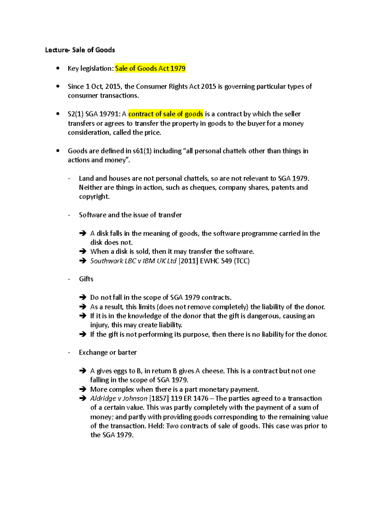 Lecture- Sale of Goods - S2(1) SGA 19791: A contract of sale of goods ...