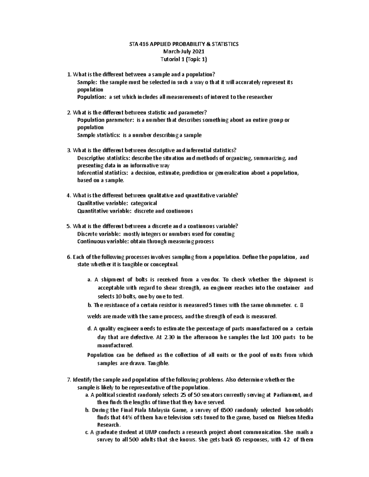 Tutorial 1 - STA 416 APPLIED PROBABILITY & STATISTICS March-July 2021 Tutorial 1 (Topic 1) 1 ...