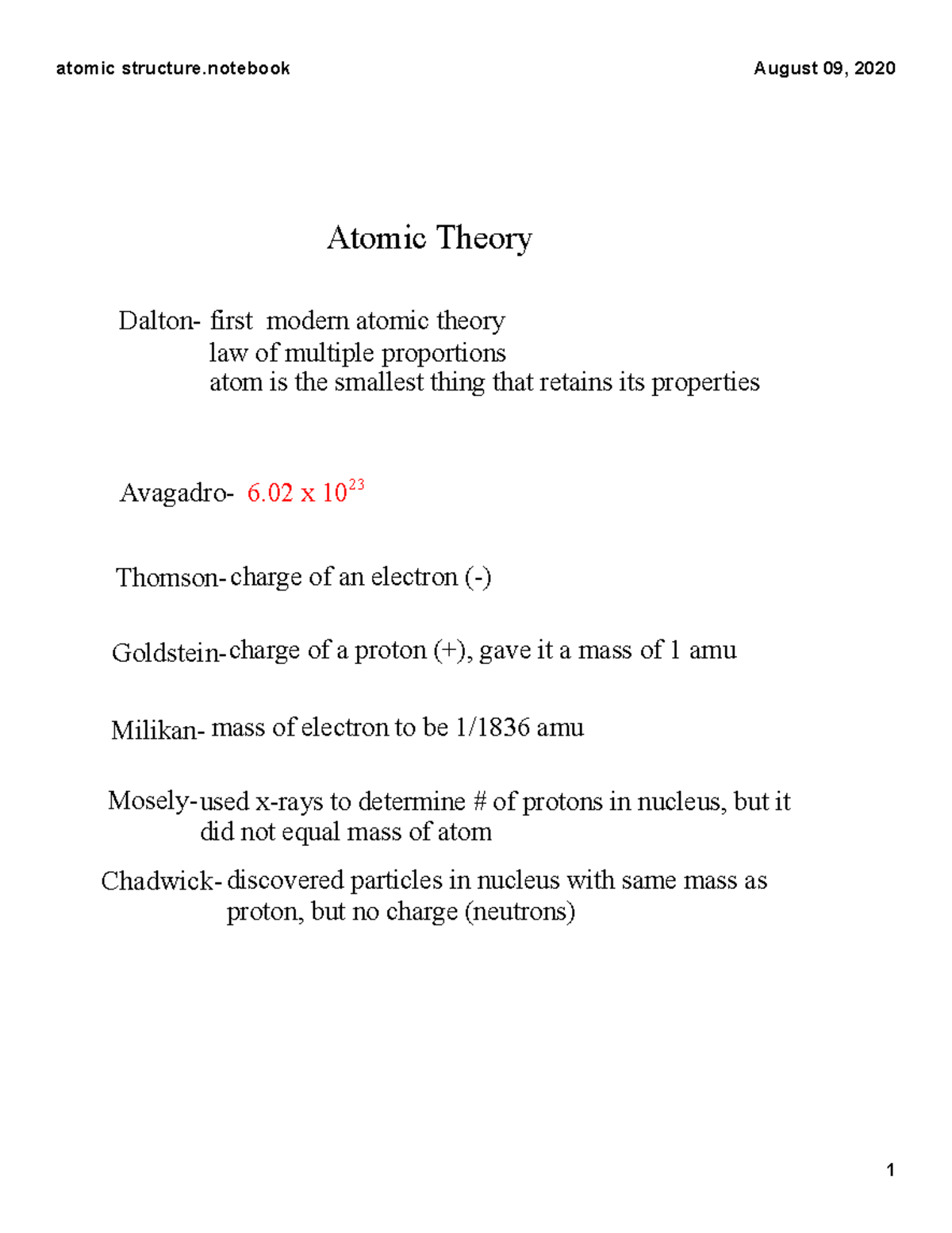 Atomic Notes - coll - Atomic Theory Dalton- first modern atomic theory ...
