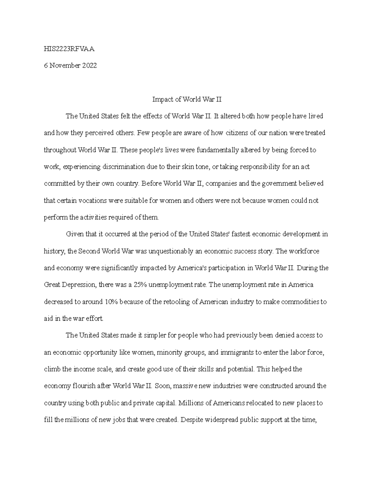 Impact of World War II Paper - HIS2223RFVAA 6 November 2022 Impact of ...