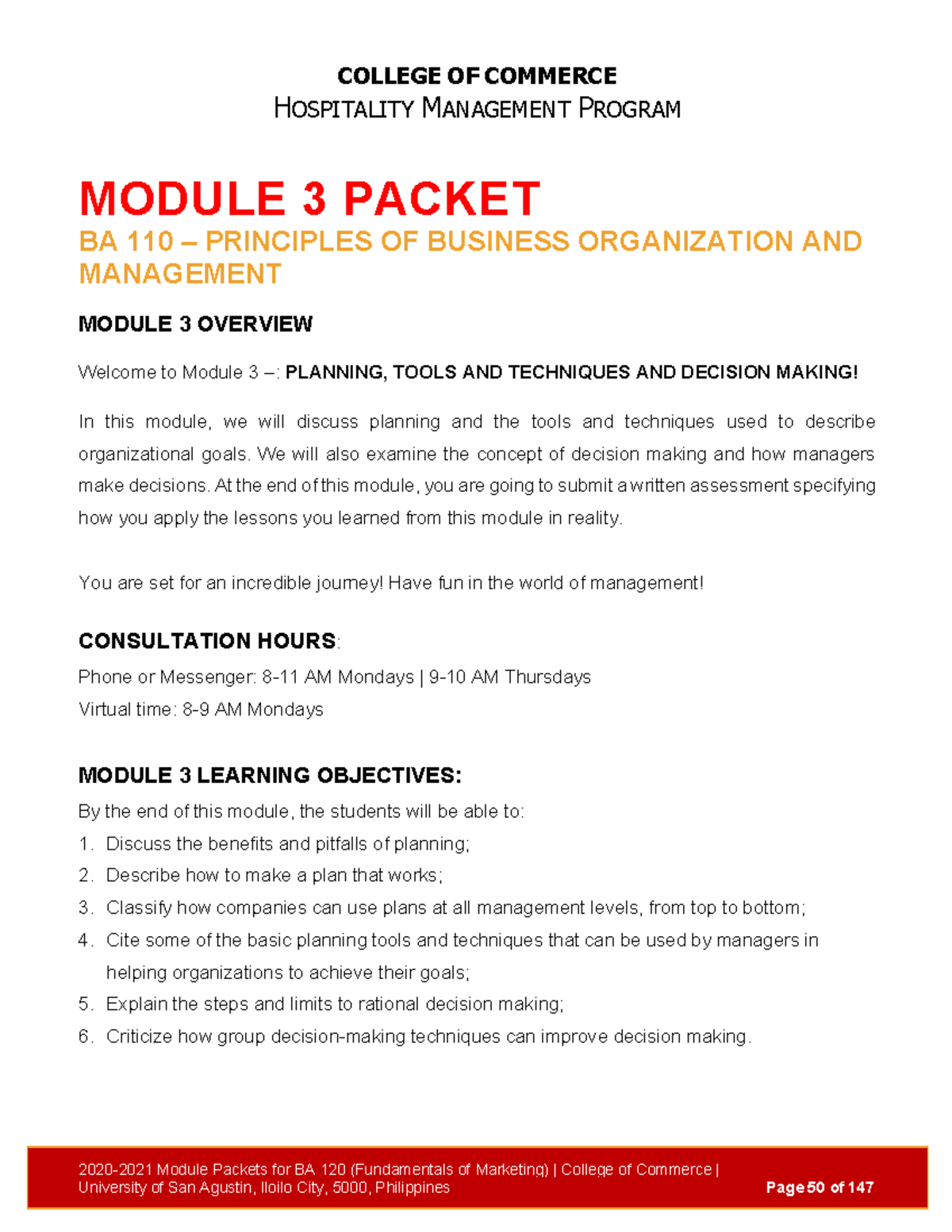 003 - module 2 - HOSPITALITY MANAGEMENT PROGRAM 2020-2021 Module ...