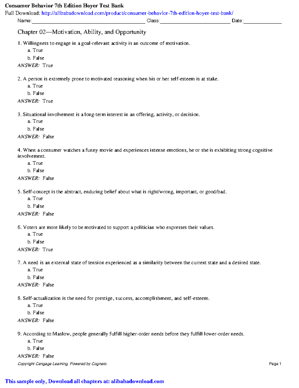 Consumer behavior 7th edition hoyer test bank - Name: Class: Date ...