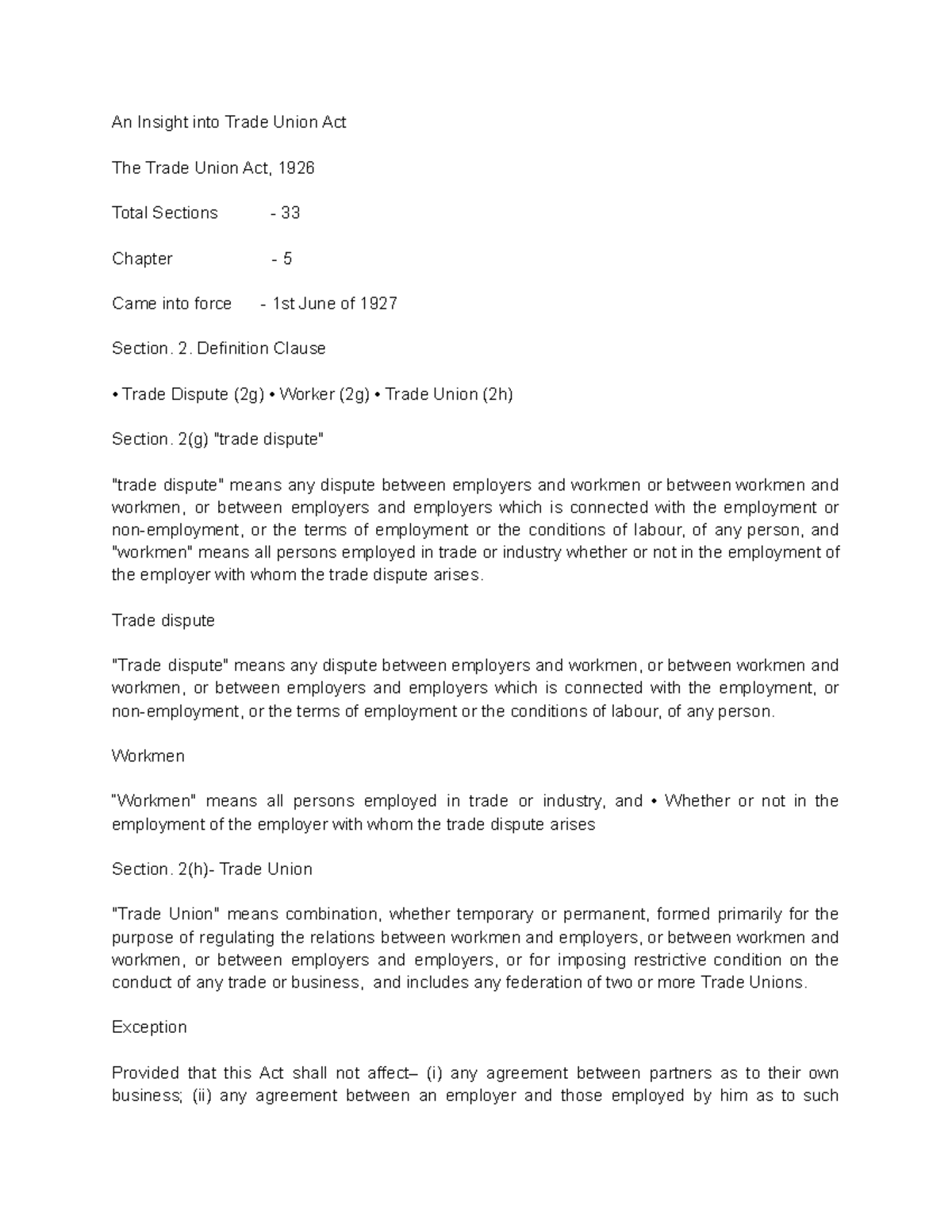 An Insight into Trade Union Act - 2. Definition Clause Trade Dispute ...