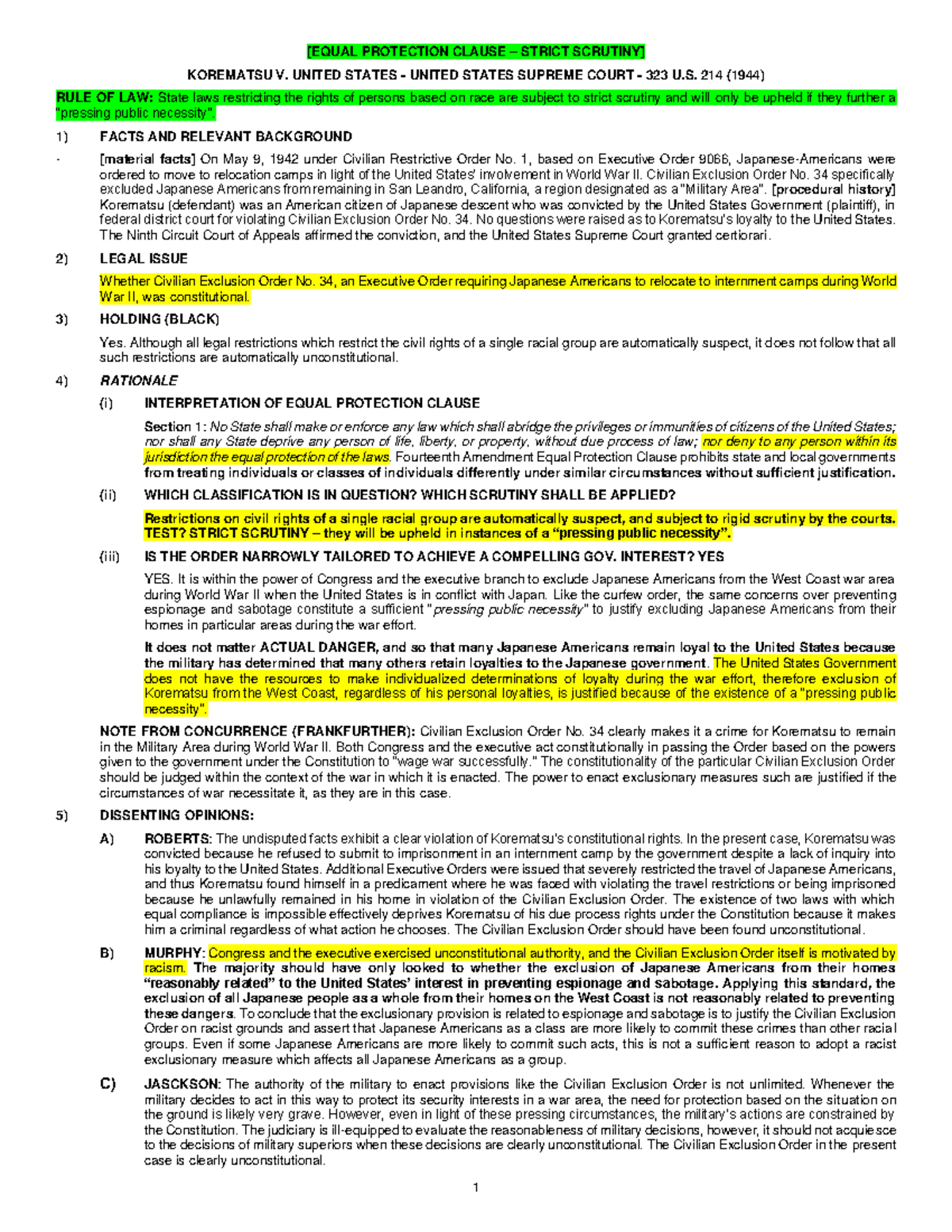 DETAILED Case brief Korematsu & includes detailed class notes - 1 ...