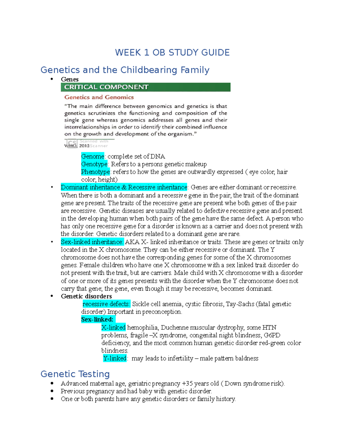 WEEK 1 OB Study Guide - n/a - WEEK 1 OB STUDY GUIDE Genetics and the ...