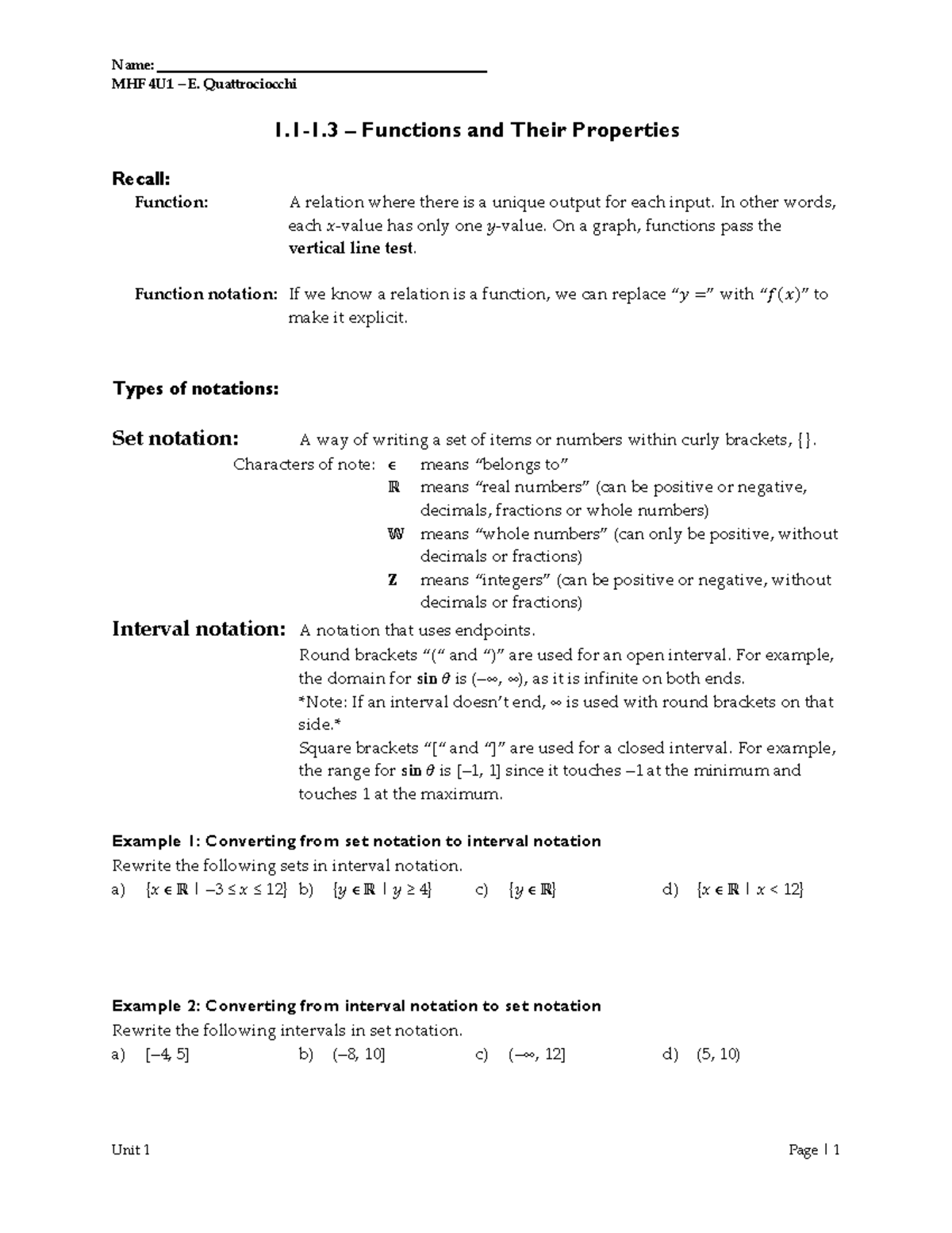MHF4U - 1 - 1a - 11S - FP - Test Chapter 2 Document - Name: MHF 4U1 – E ...