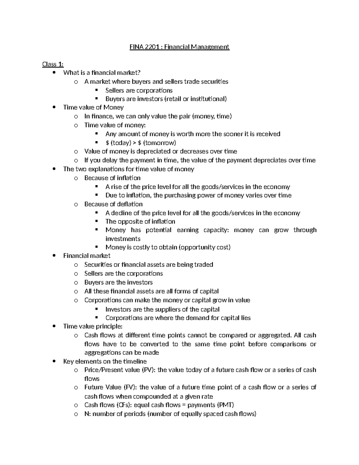 FINA 2201 Notes - FINA 2201 : Financial Management Class 1: What is a ...