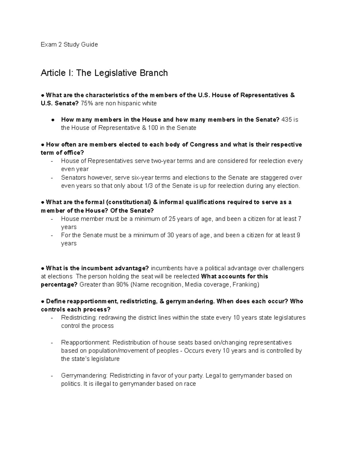 Exam 2 Study Guide: Legislative Branch & Executive Branch - Studocu