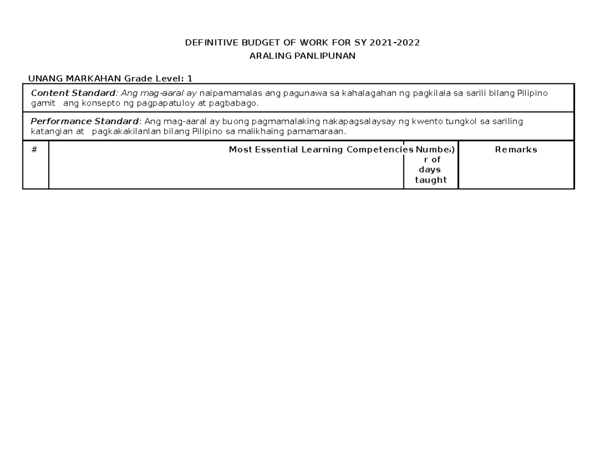 DBOW Araling Panlipunan 1 to 10 - DEFINITIVE BUDGET OF WORK FOR SY 2021 ...