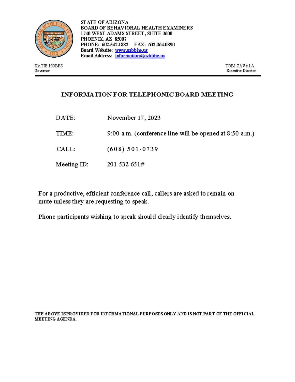 November 17, 2023 Agenda - STATE OF ARIZONA BOARD OF BEHAVIORAL HEALTH ...