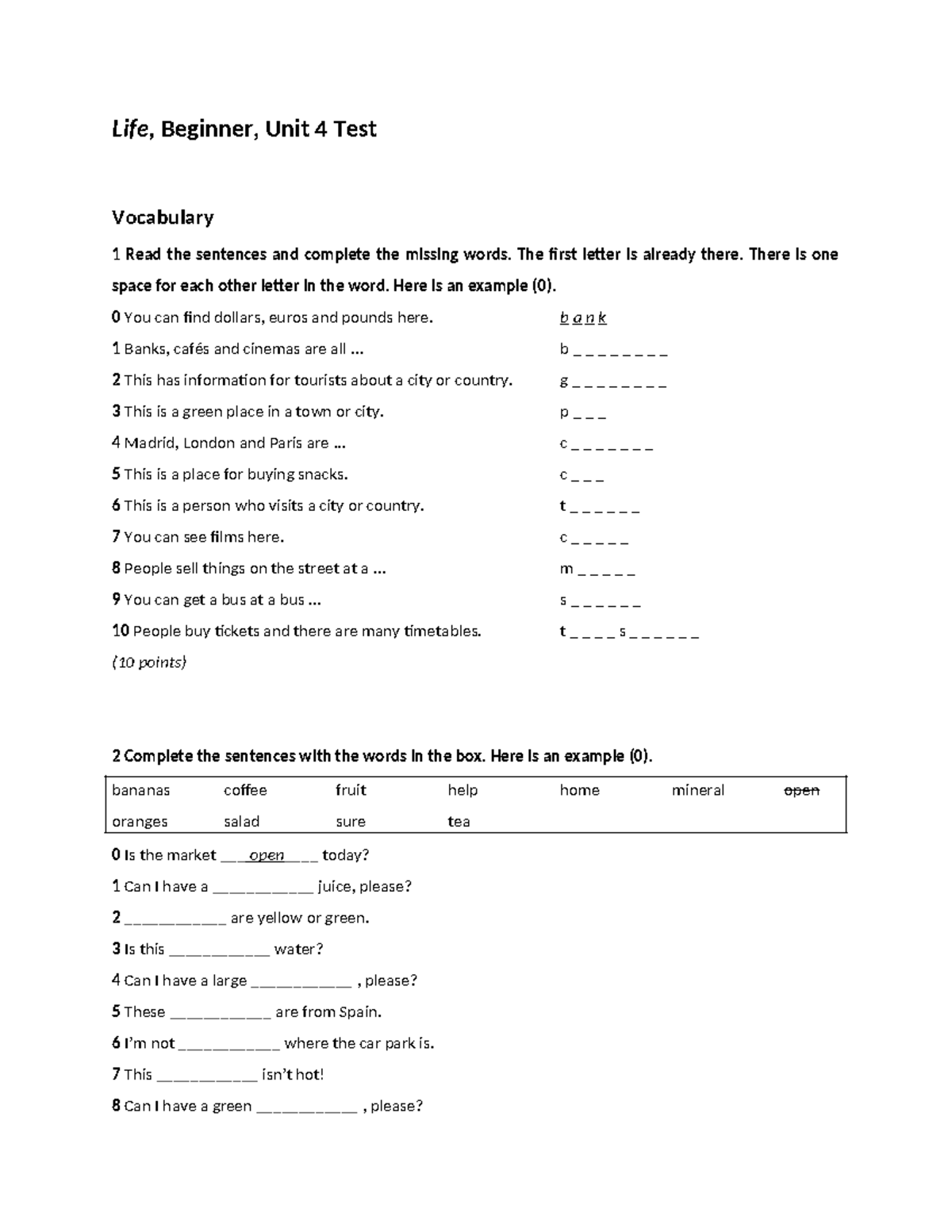 Life 2e Beginner Unit 4 test Word - Life, Beginner, Unit 4 Test ...