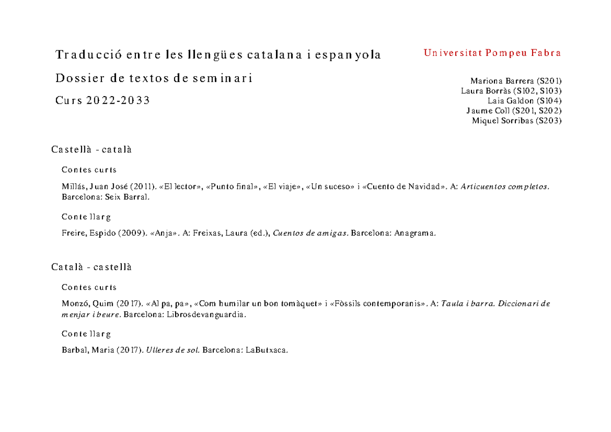 Traduccio català-castellà - textos seminaris - Trad u cció e n tre le s ...