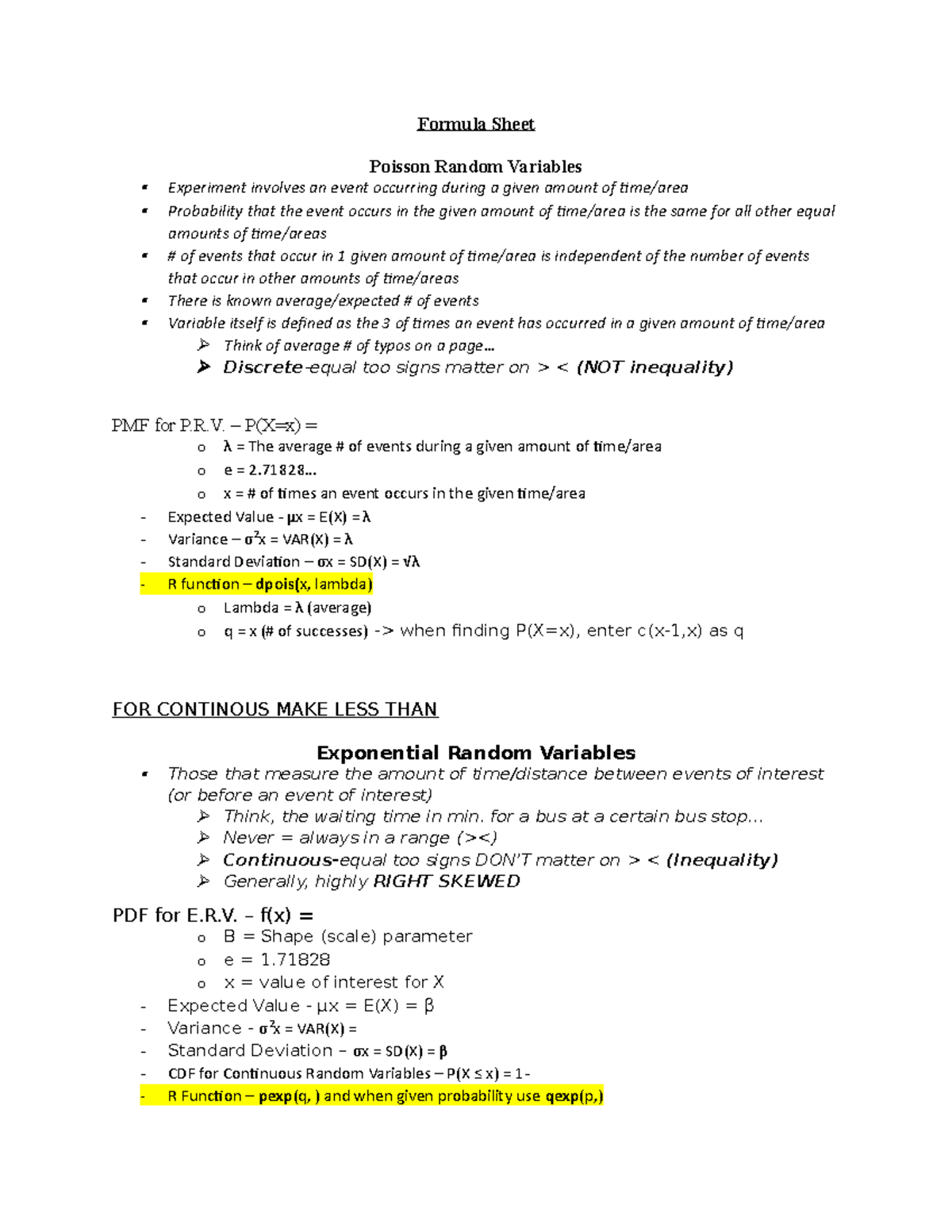 Formula Sheet-2 - Formula Sheet Poisson Random Variables Experiment ...