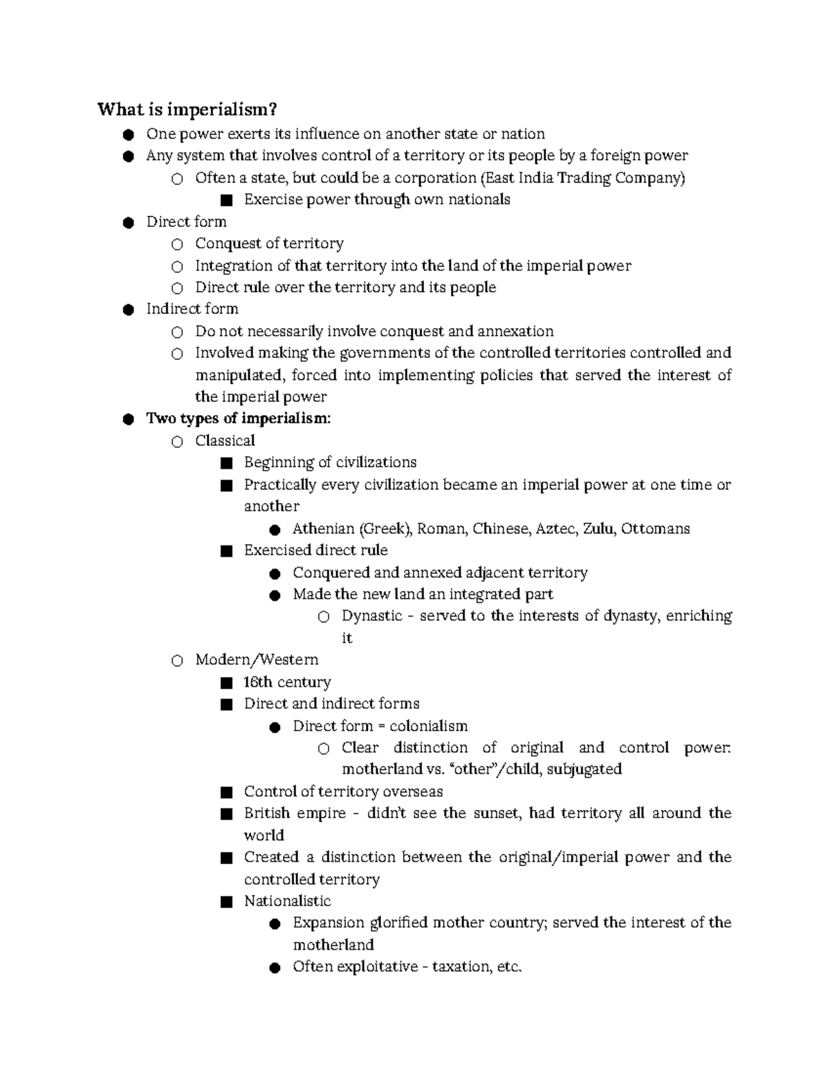 Class Lecture Notes - What is imperialism? One power exerts its ...