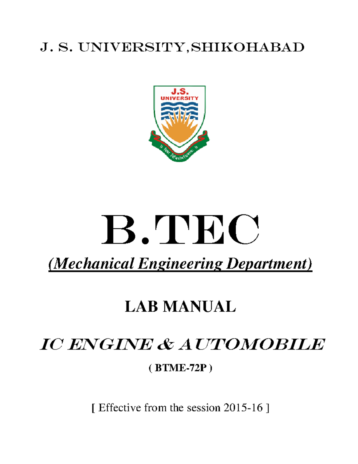 IC Engine & Automobile (BTME-72P) - J. S. University,shikohabad B (Mechanical Engineering - Studocu