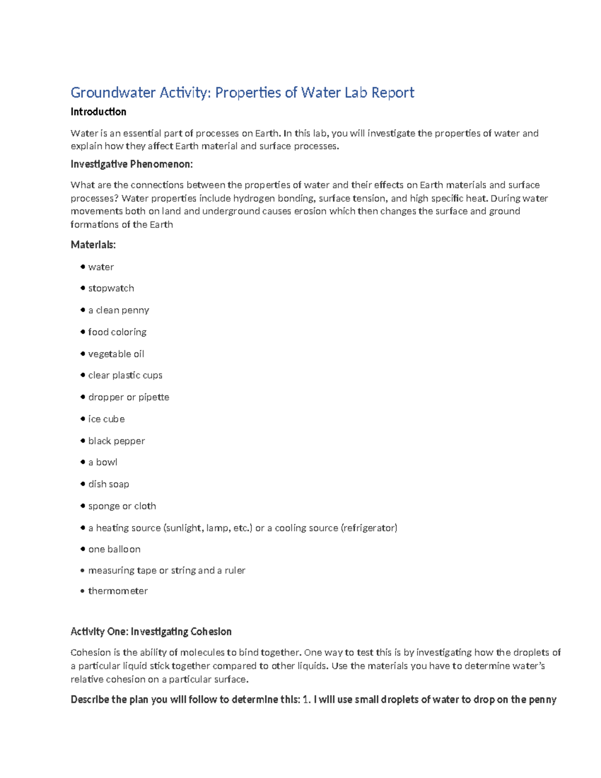 Groundwater lab report - Groundwater Activity: Properties of Water Lab ...