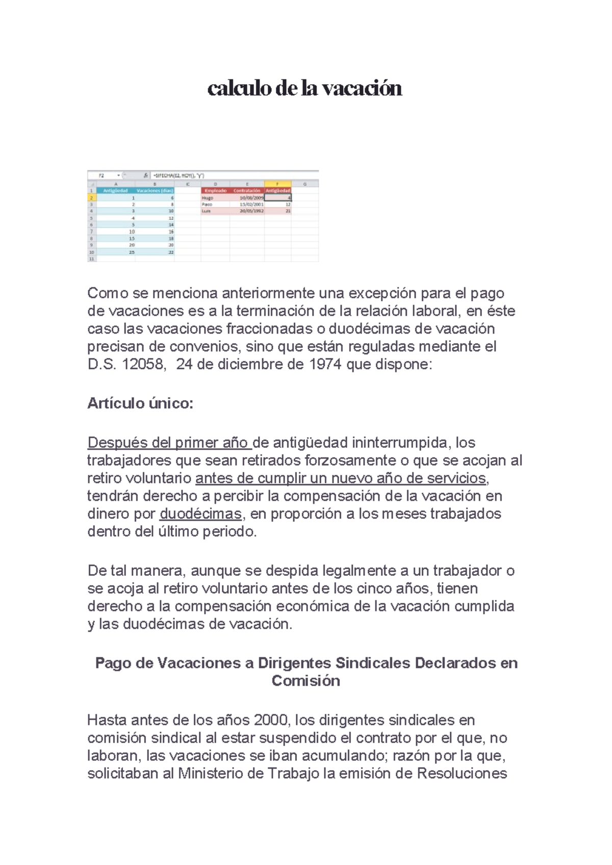 Calculo de la vacación-sabado - calculo de la vacación Como se menciona ...