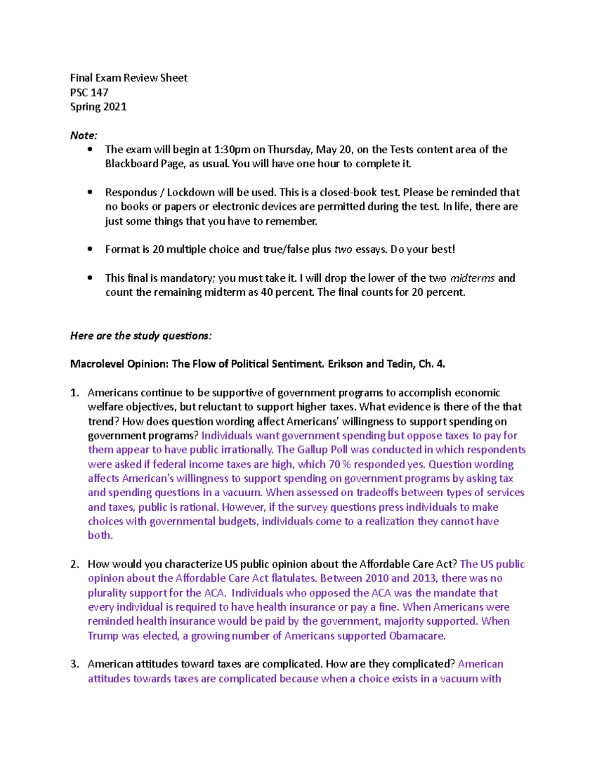 PSC 147 Final Exam Review Spring 2021 - Final Exam Review Sheet PSC 147 Spring 2021 Note: The ...