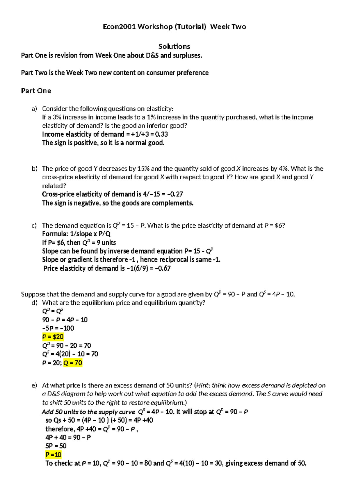 Week 2 Tutorial 2024 Econ2001 Answers-1 - Econ2001 Workshop (Tutorial) Week Two Solutions Part ...