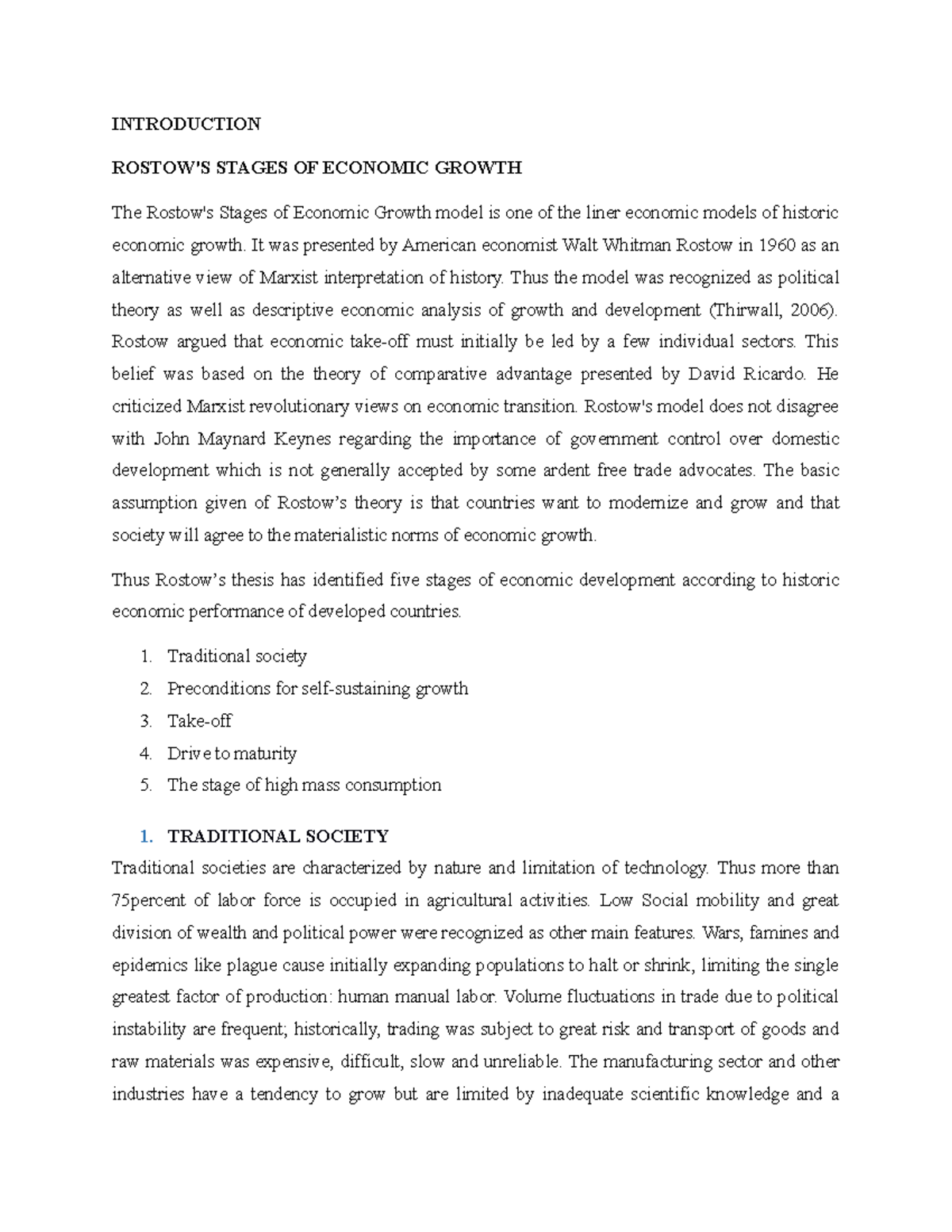Rostows Theory of Development - INTRODUCTION ROSTOW'S STAGES OF ...