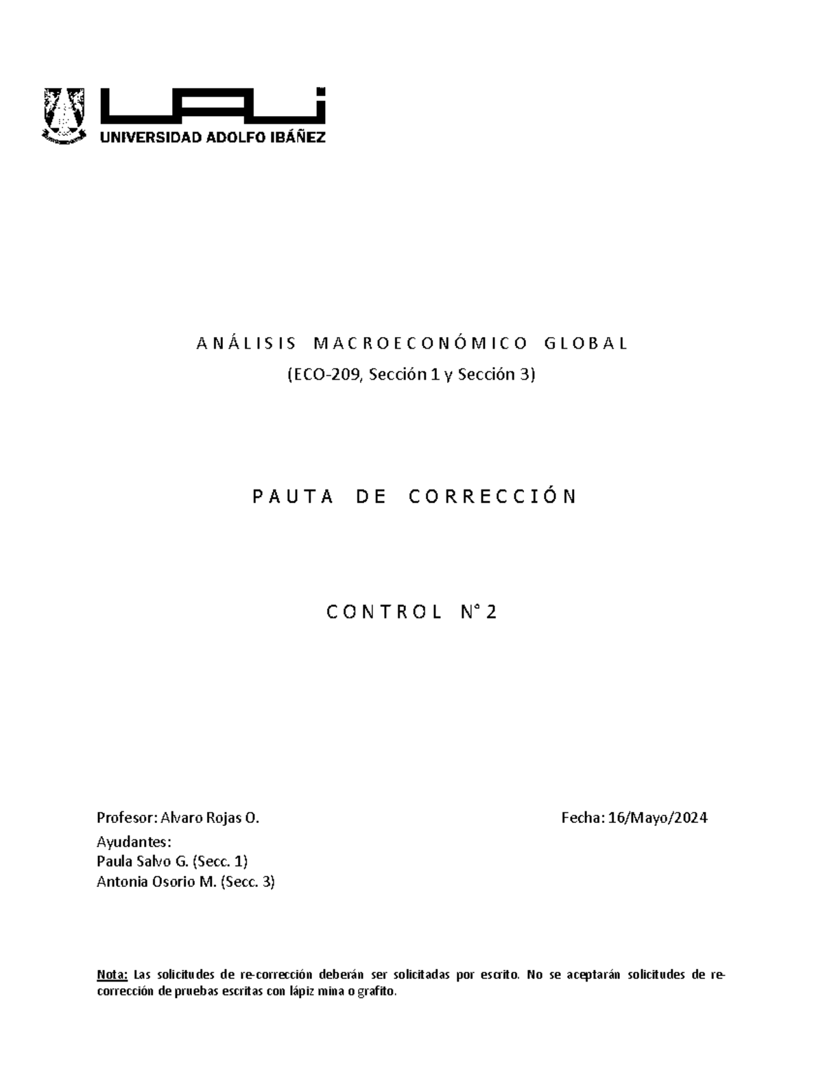 Pauta de Corrección Control N°2 AMG (ECO-209 Secc 1 y Secc 3) Jueves 14 ...