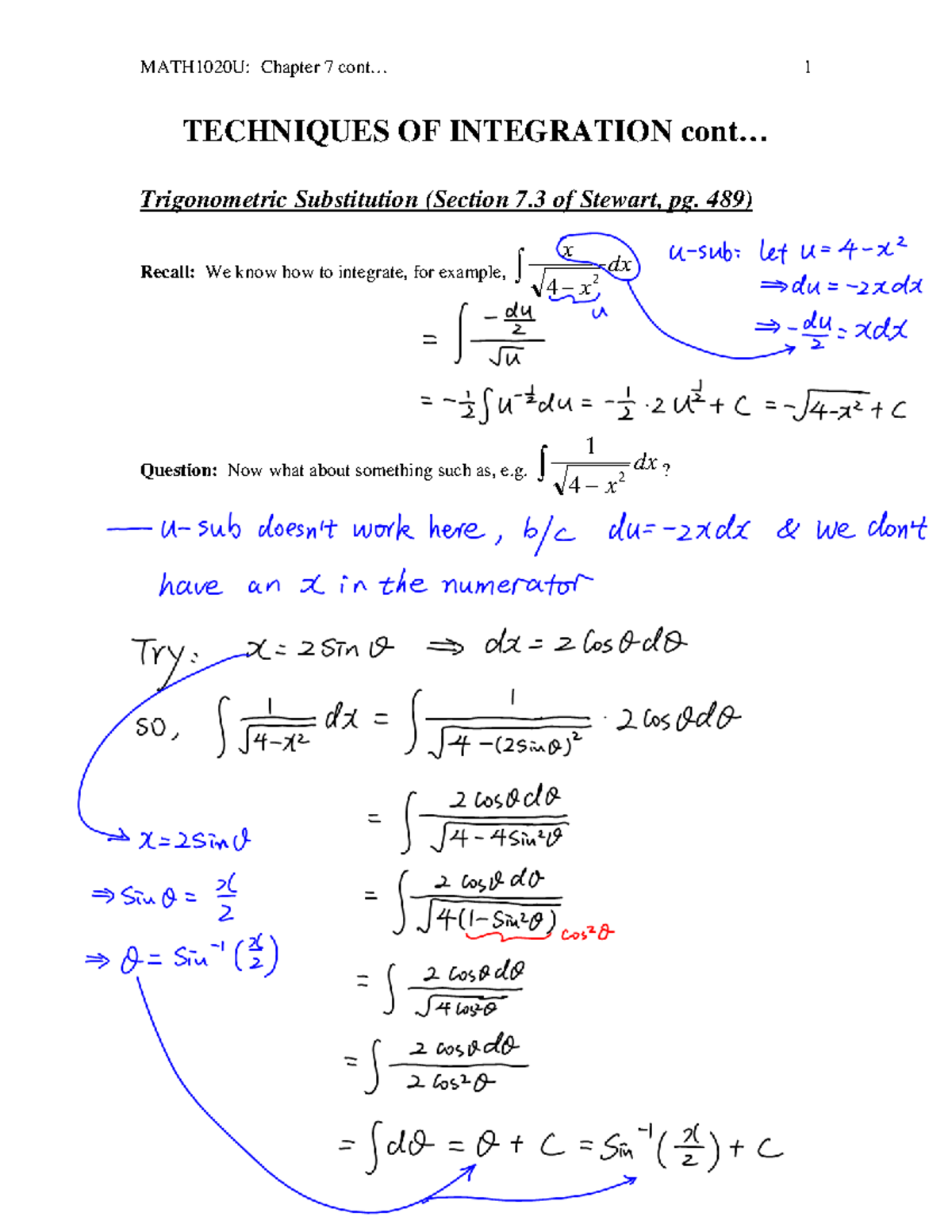 May6-trigsub 9(7 - Trigonometry substitution notes - MATH1020U: Chapter ...