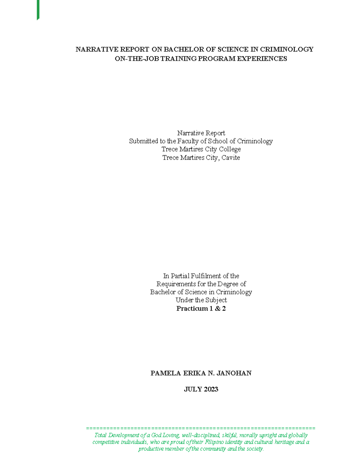 Title PAGE - narrative - i NARRATIVE REPORT ON BACHELOR OF SCIENCE IN ...